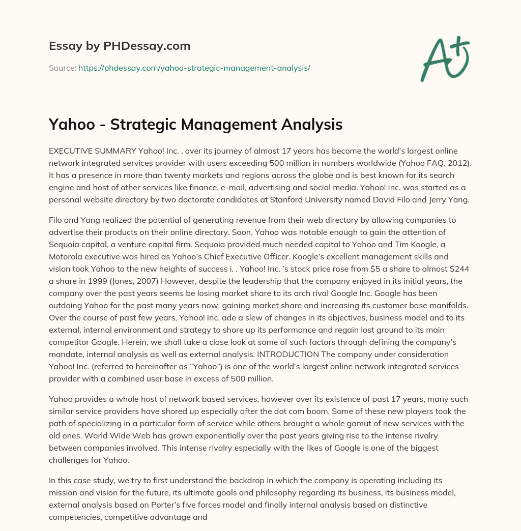 Yahoo - Strategic Management Analysis - PHDessay.com