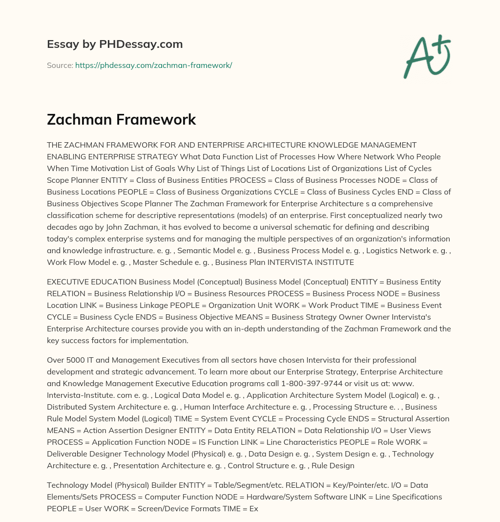 Zachman Framework Example (600 Words) - PHDessay.com