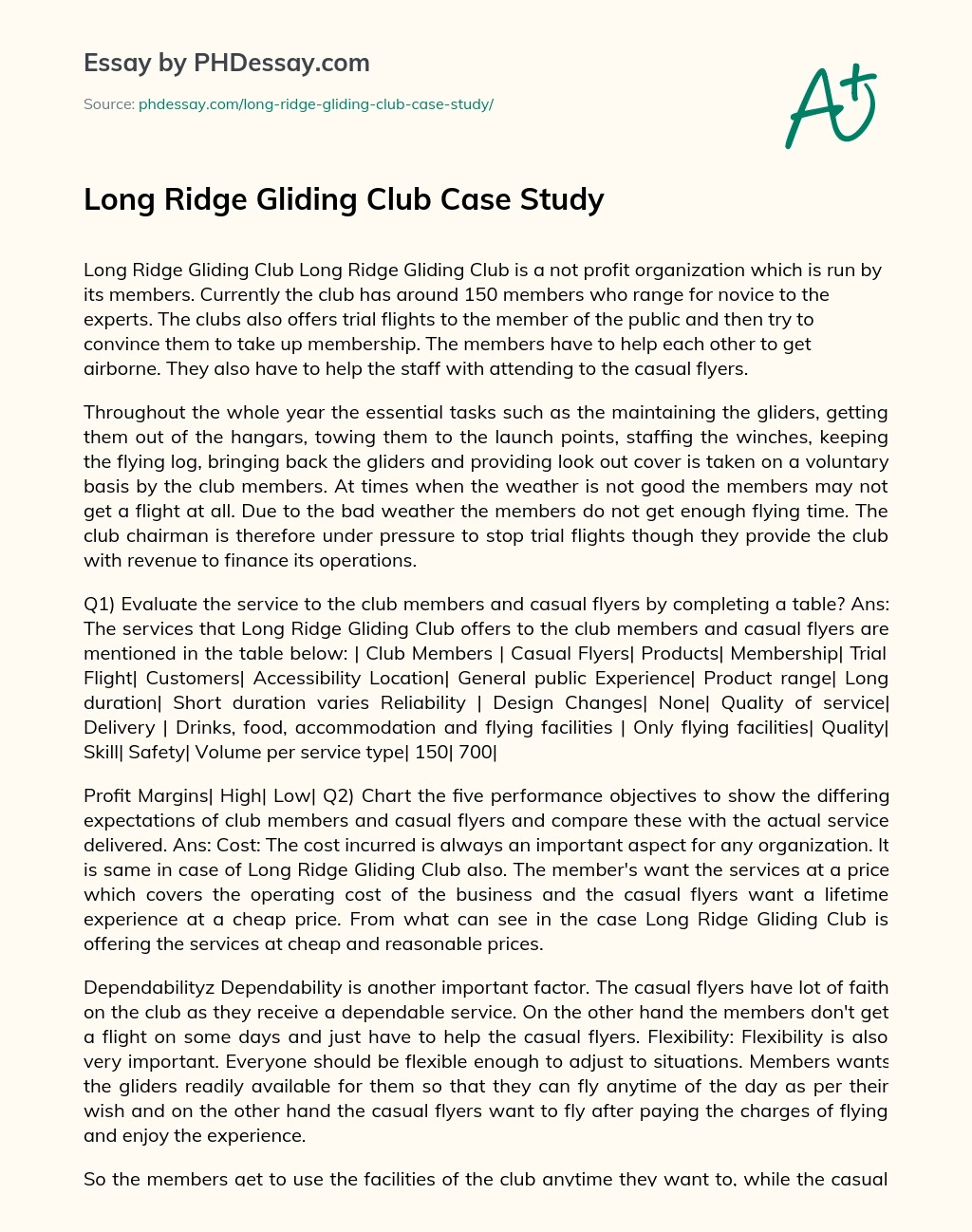 Long Ridge Gliding Club Case Study PHDessay
