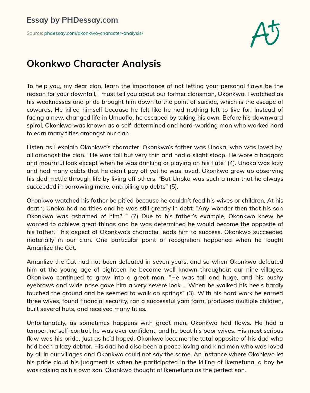 Okonkwo Character Analysis Essay Example PHDessay